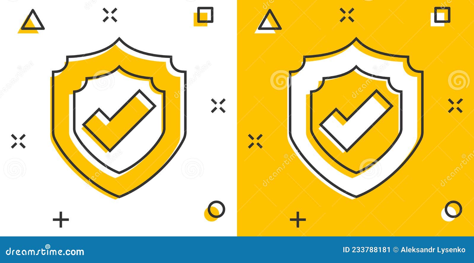Shield with Check Mark Icon in Comic Style. Protect Cartoon Vector ...
