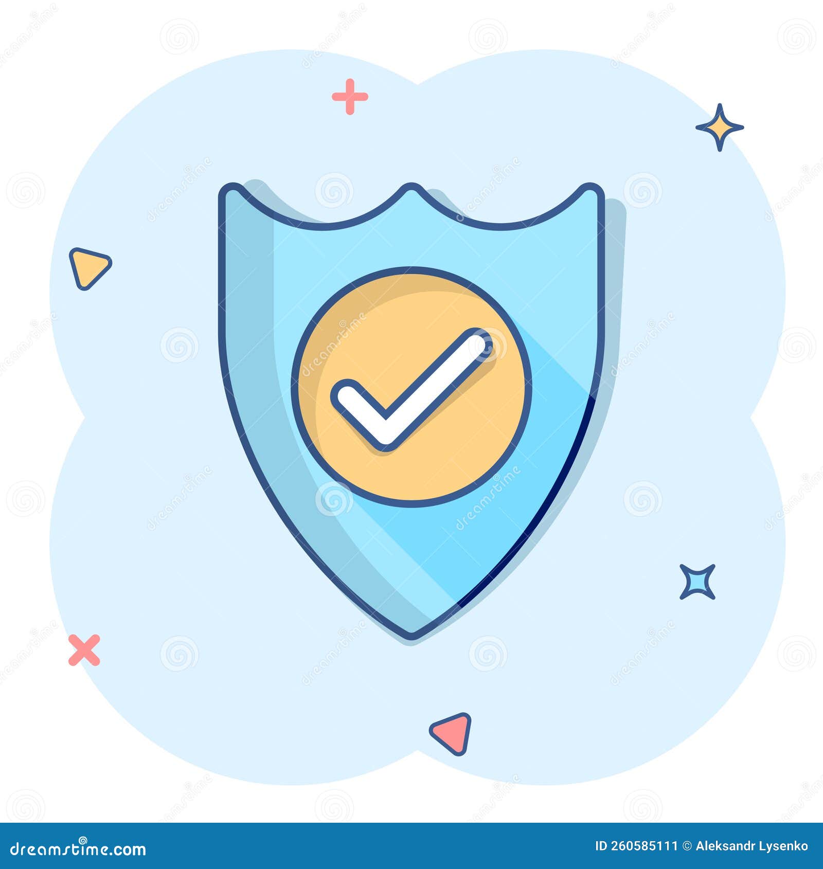 Shield with Check Mark Icon in Comic Style. Protect Cartoon Vector ...