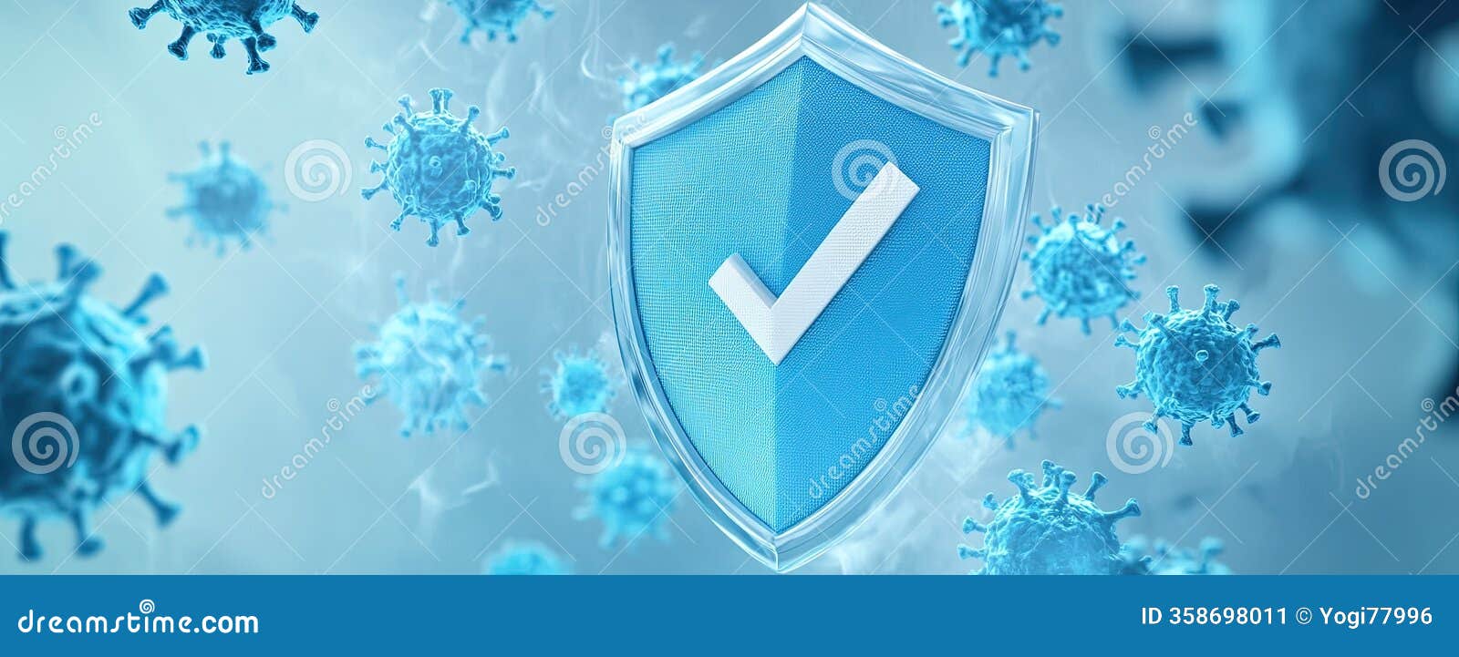 Shield and Check Mark Icon Surrounded by White Bacteria on Blue ...