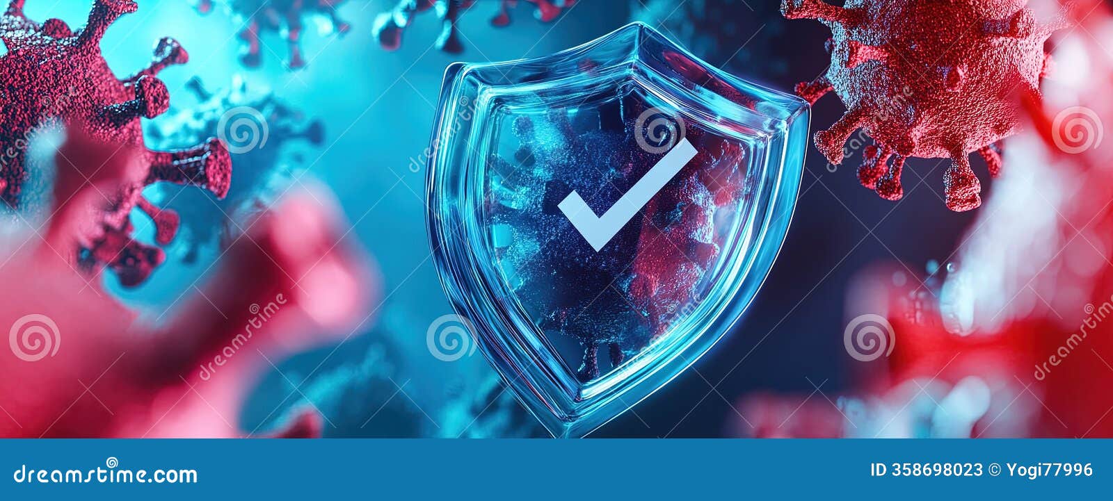 Shield and Check Mark Icon Surrounded by White Bacteria on Blue ...