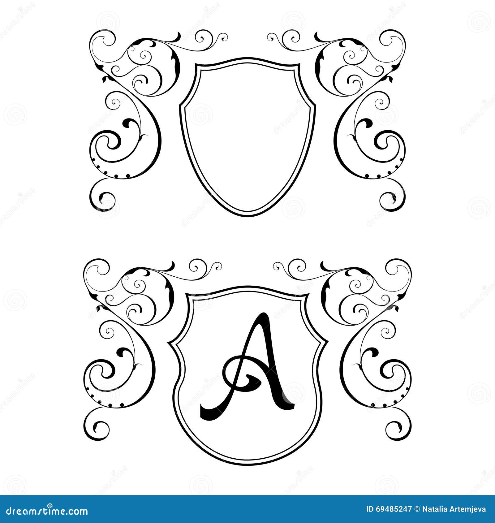 Shield with decorations stock vector. Illustration of logo - 69485247