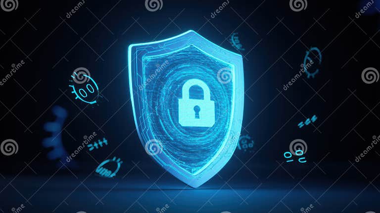 Shield with Digital Patterns and a Holographic Lock Symbolizes Encryption and Protection. Binary ...