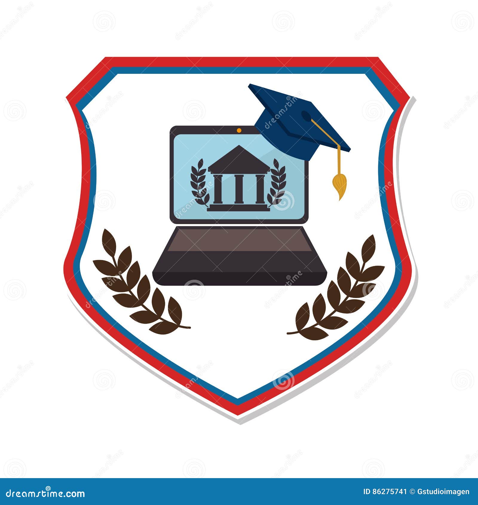 Shield Emblem with Graduation Cap and Laptop Stock Vector ...