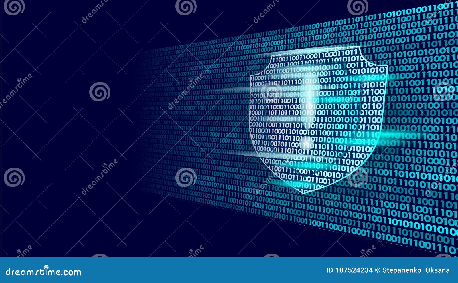 Shield Guard Safety System Binary Code Flow. Big Data Security Hacker Attack Computer Antivirus ...