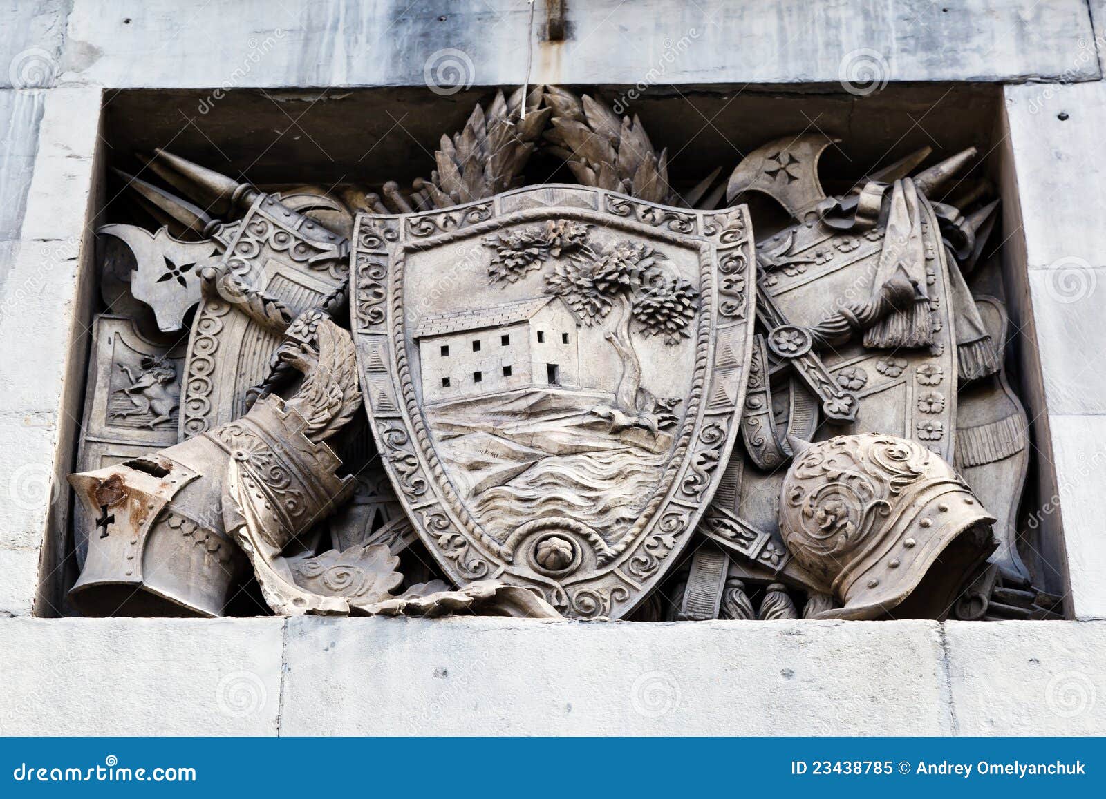 Shield, Helmets and Sword Marble Relief Stock Image - Image of heritage ...