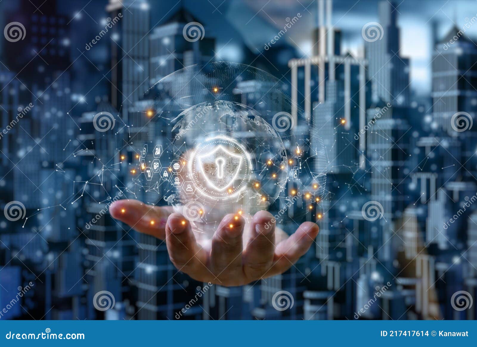 Shield Icon and HUD in Hands of Cyber Security in Smart City, Digital ...