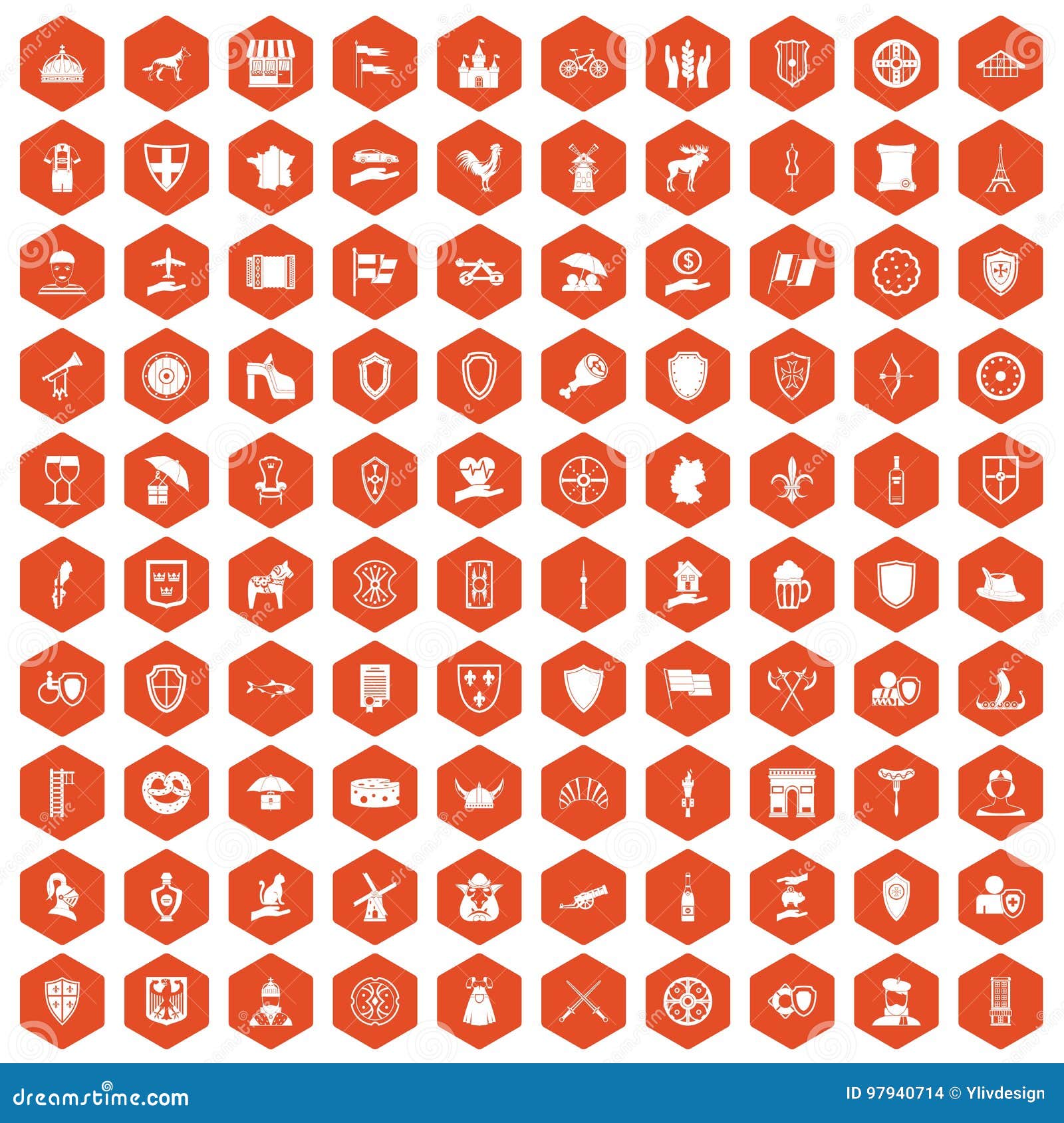 100 Shield Icons Hexagon Orange Stock Vector - Illustration of knight ...