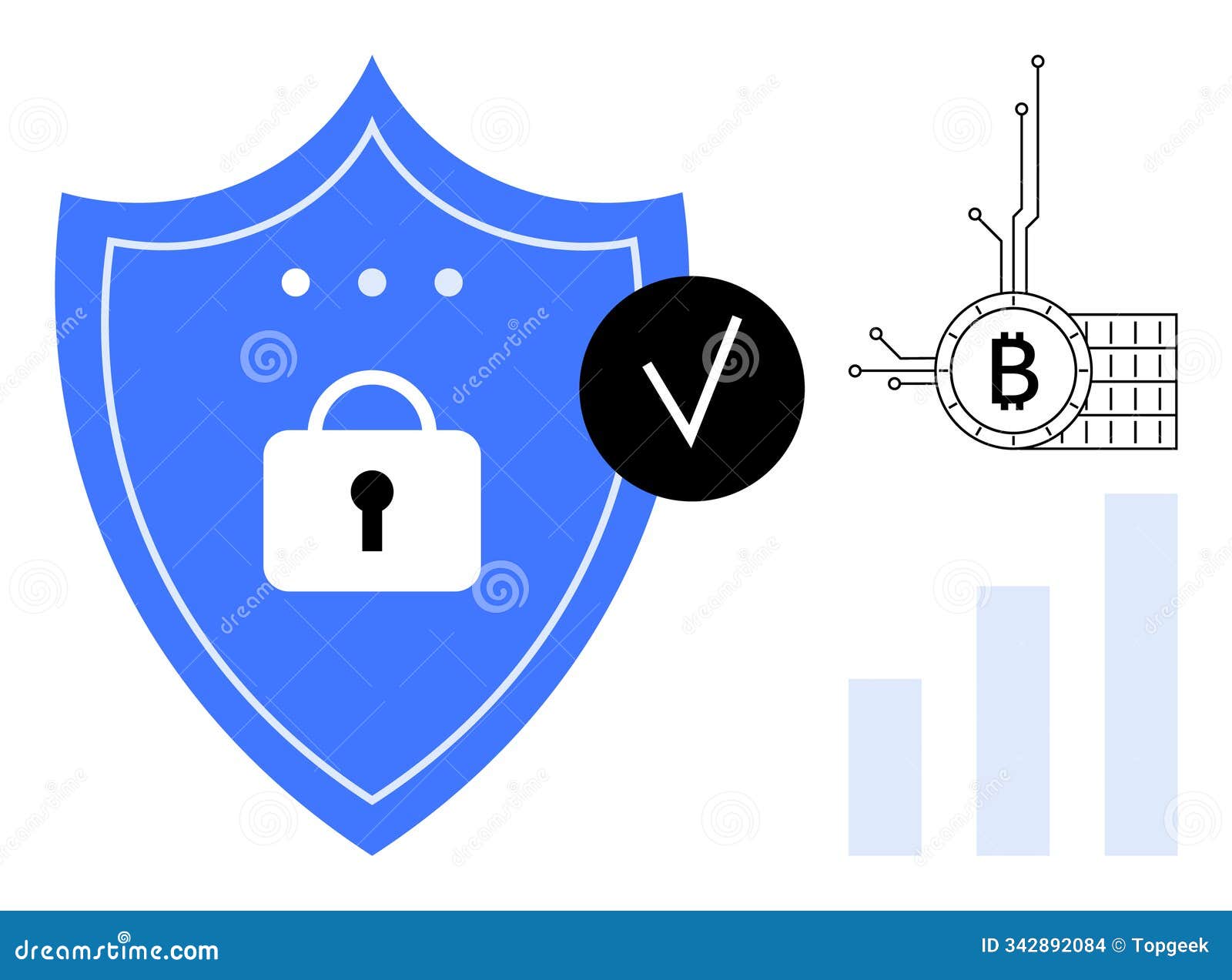 Shield with Lock, Checkmark, Bitcoin Symbol, and Bar Graph Representing ...