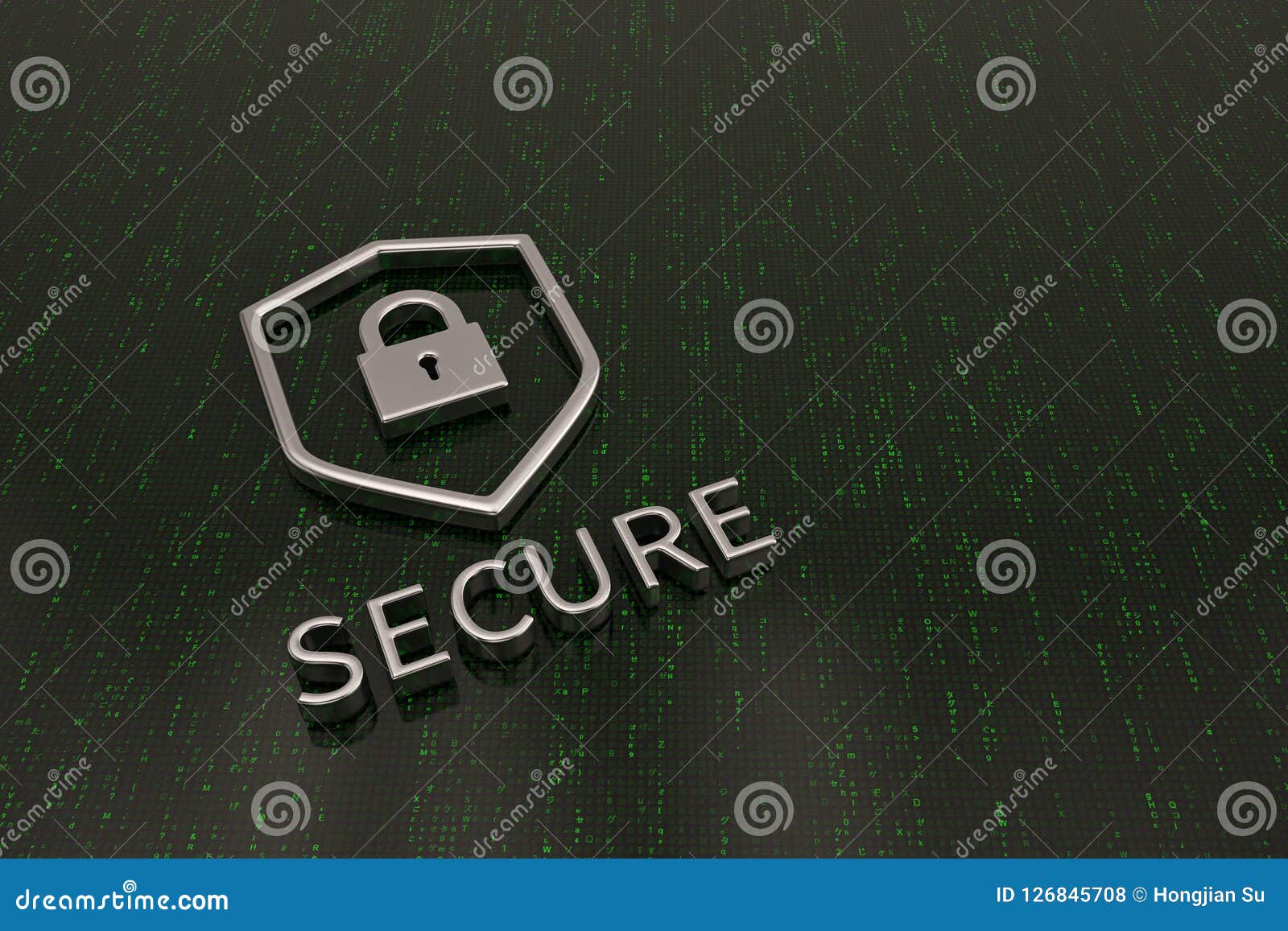 Shield with Lock on Green Digital Background. 3D Illustration. Stock ...