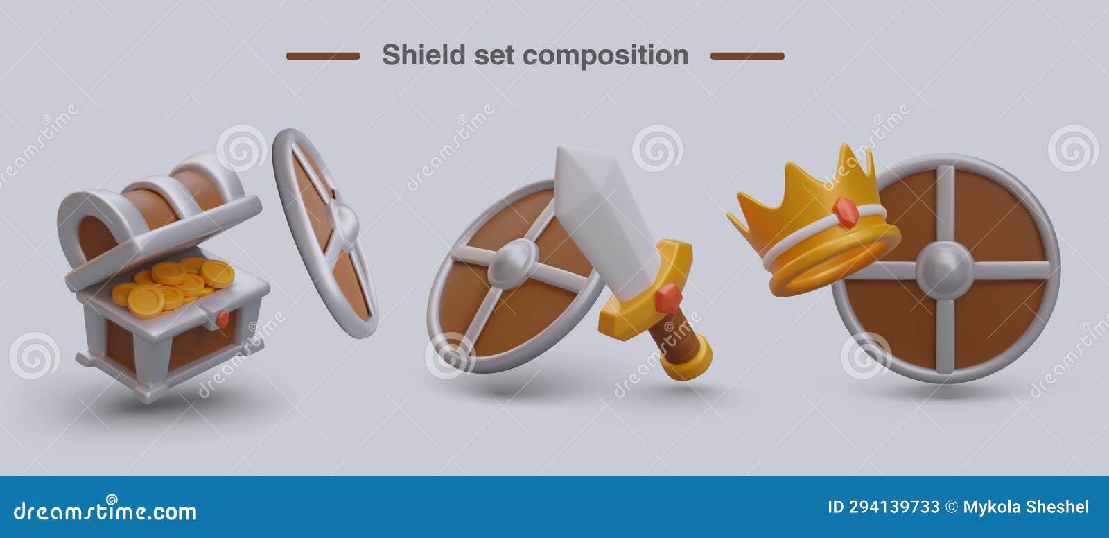 Shield Set Composition. Realistic Chest with Gold Coins, Sword for ...