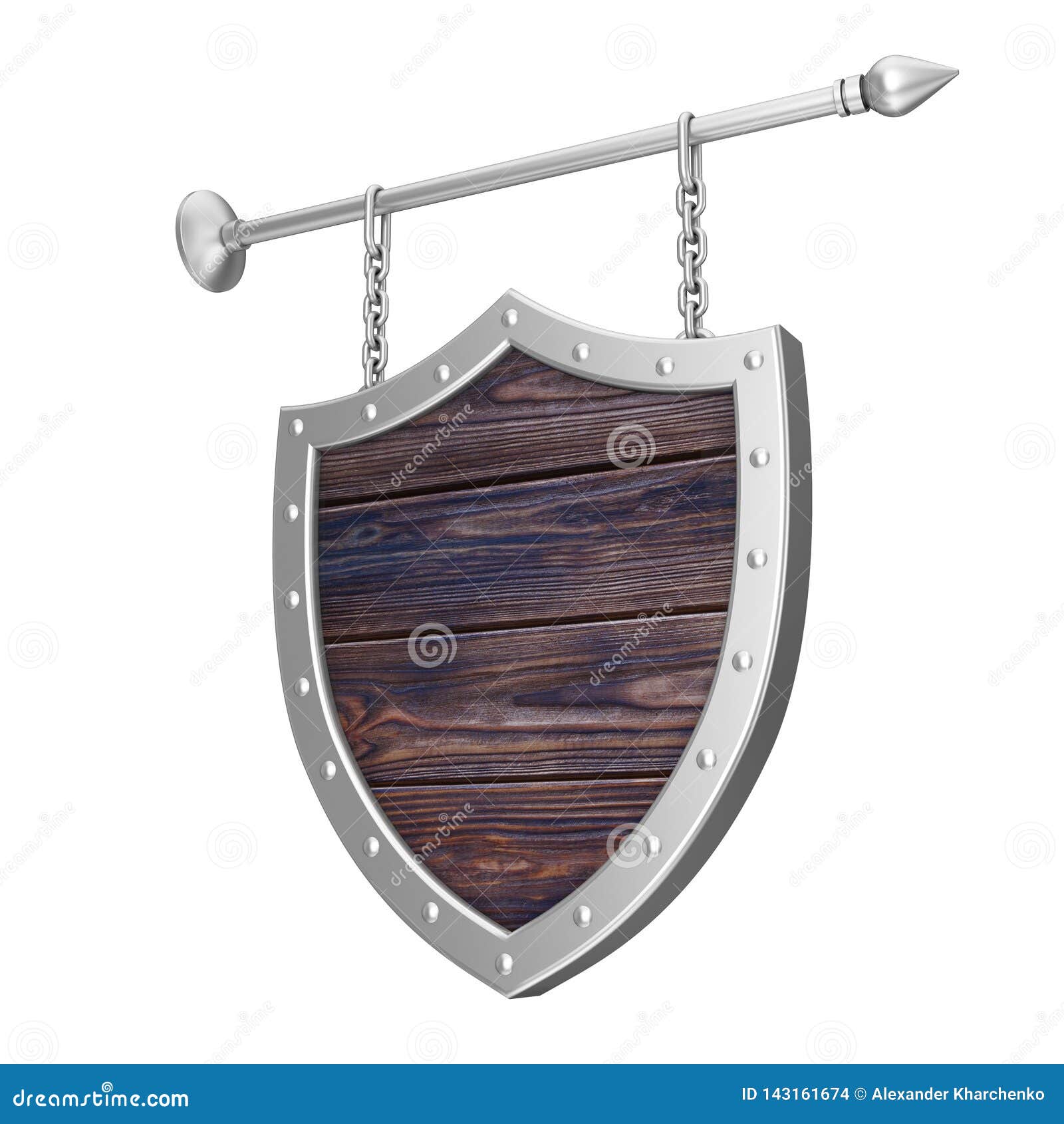 Shield Shaped Rusty Wooden Signboard With Chains. 3d Rendering Stock ...