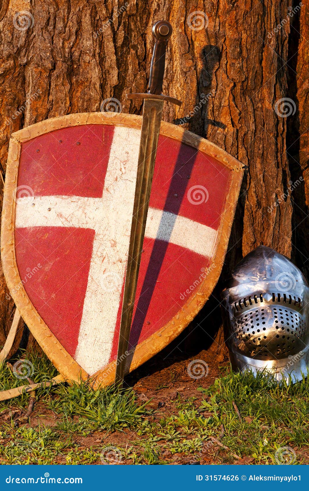 Shield, Sword and the Helmet Near the Tree Stock Photo - Image of ...