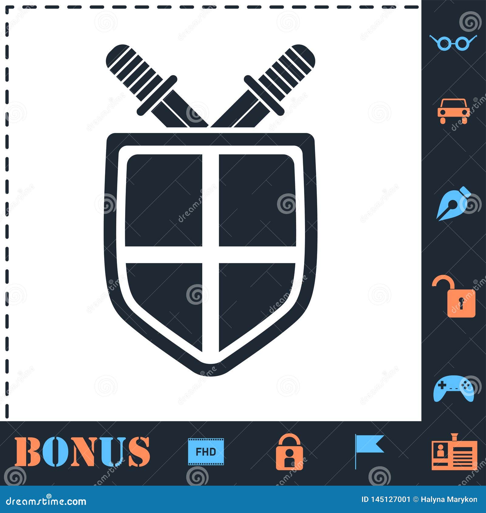 Shield and sword icon flat stock vector. Illustration of knight - 145127001