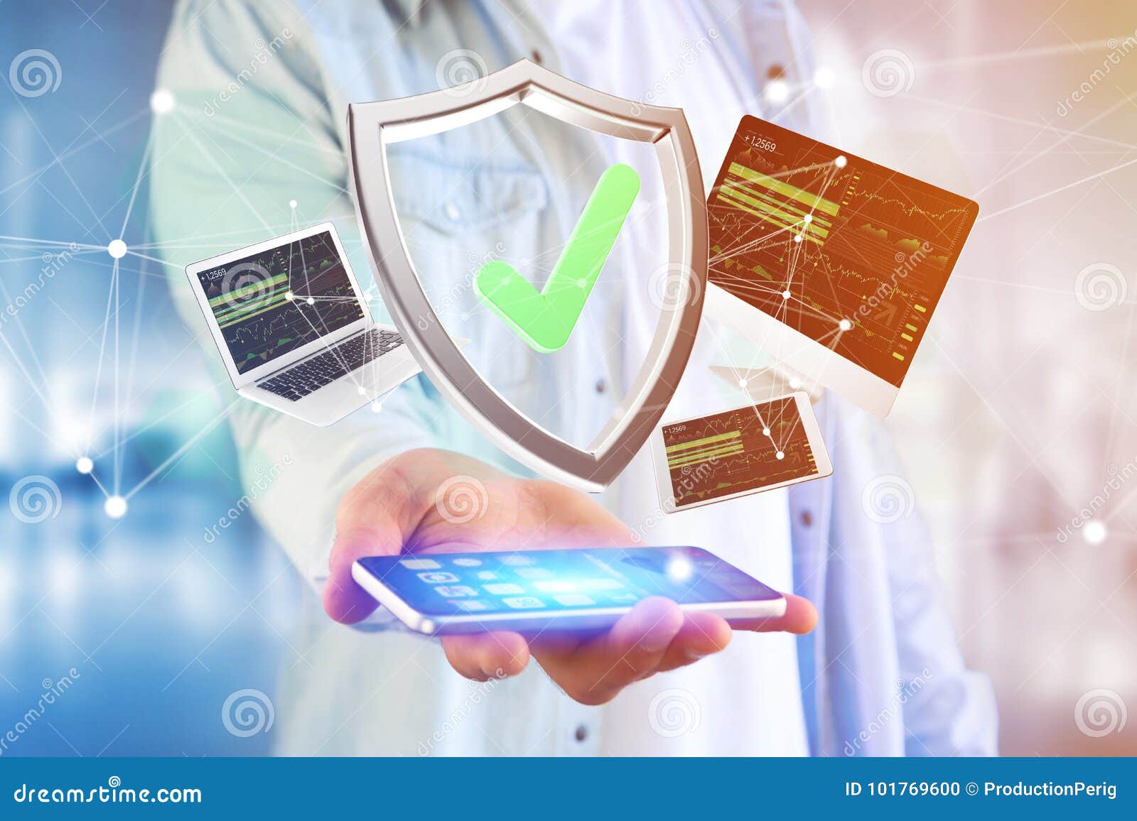 Shield Symbol Surrounded by Devices and Network Displayed on a F Stock ...