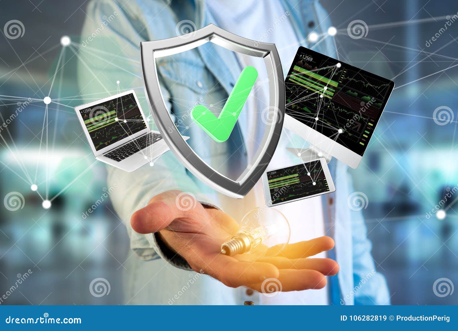 Shield Symbol Surrounded by Devices and Network Displayed on a F Stock ...