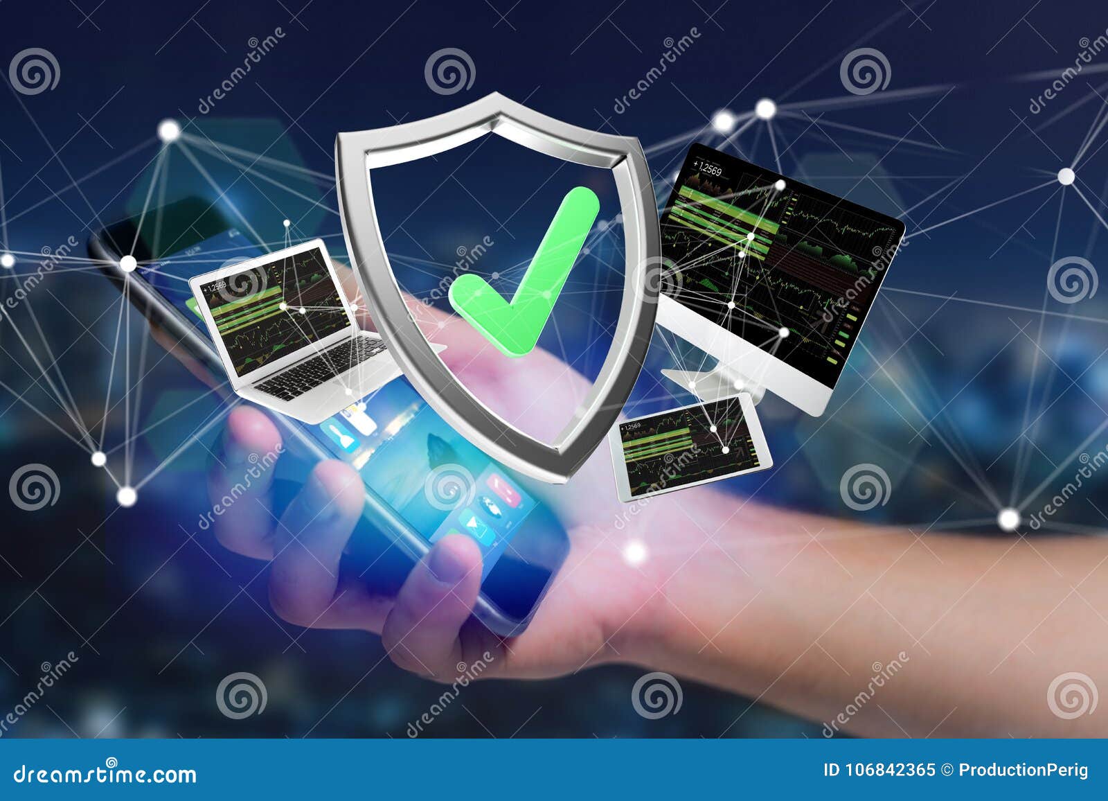 Shield Symbol Surrounded by Devices and Network Displayed on a F Stock ...