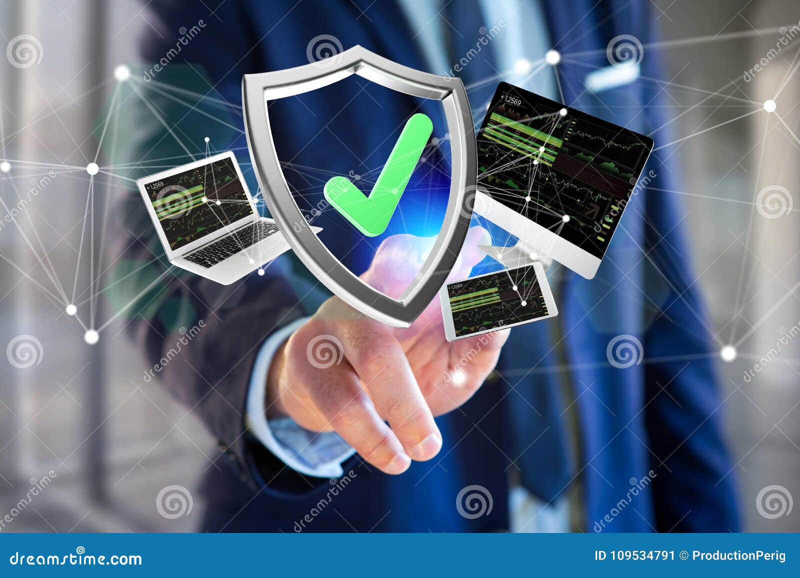 Shield Symbol Surrounded by Devices and Network Displayed on a F Stock ...