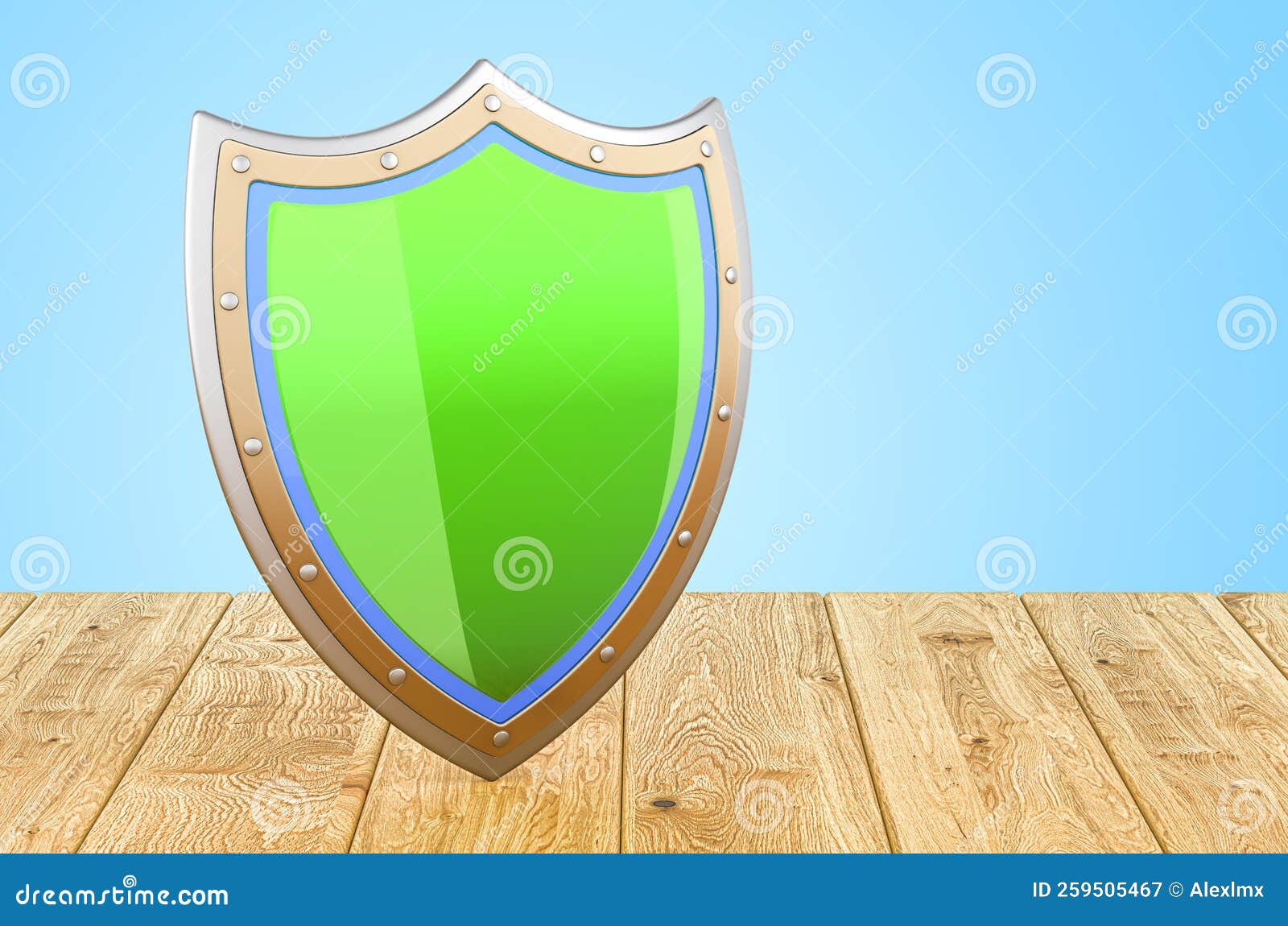 Shield on the Wooden Table, 3D Rendering Stock Illustration ...