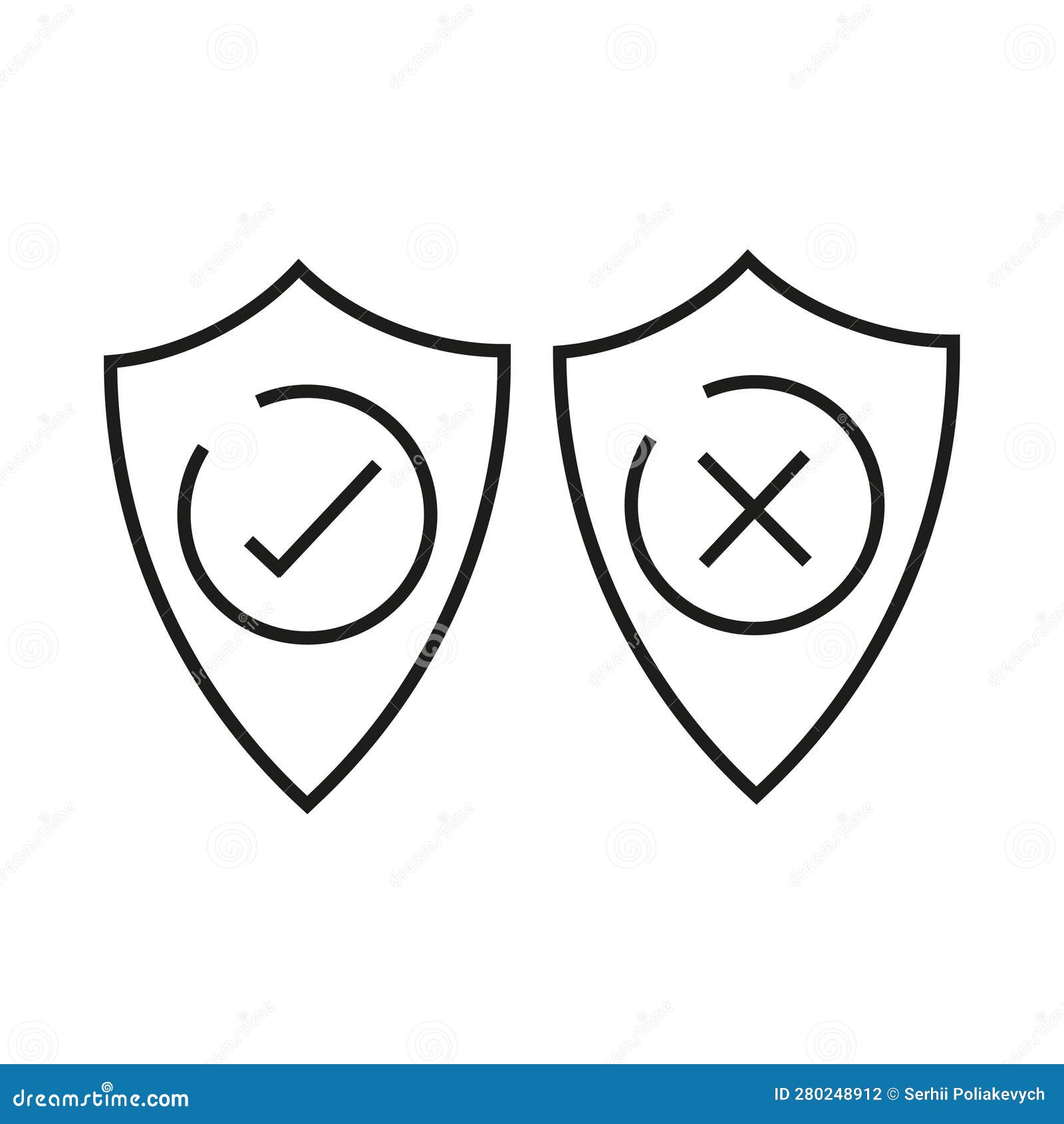 Shields with Check Marks Icons, Line Signs. Vector Illustration. Stock ...