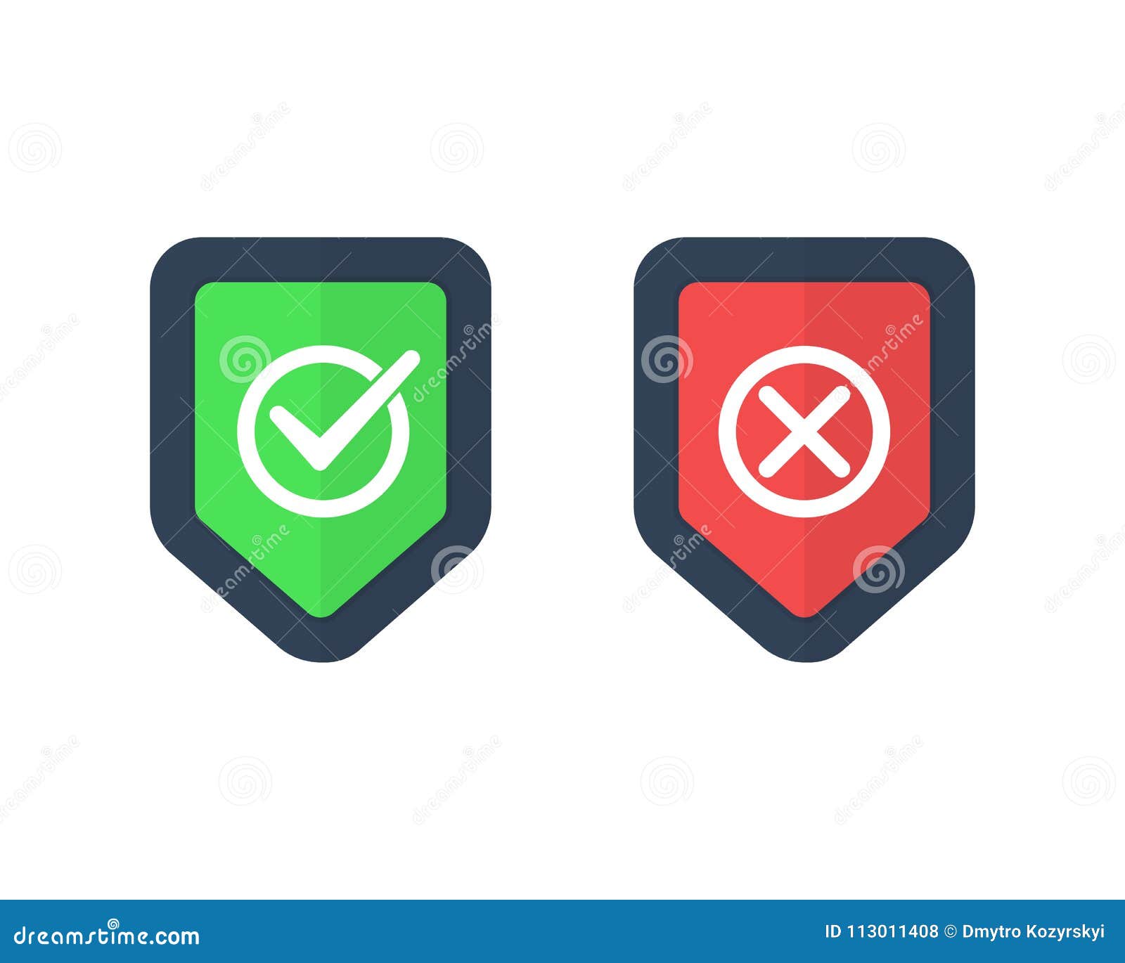Shields and Check Marks Icons Set. Red and Green Shield with Checkmark ...