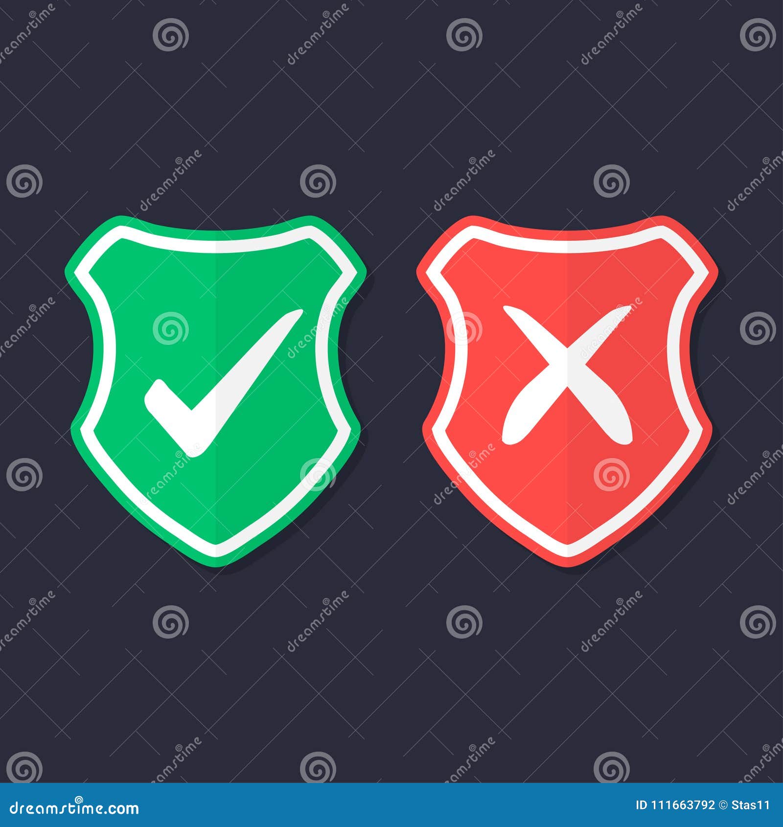 Shields and Check Marks Icons Set. Red and Green Shield with Checkmark ...