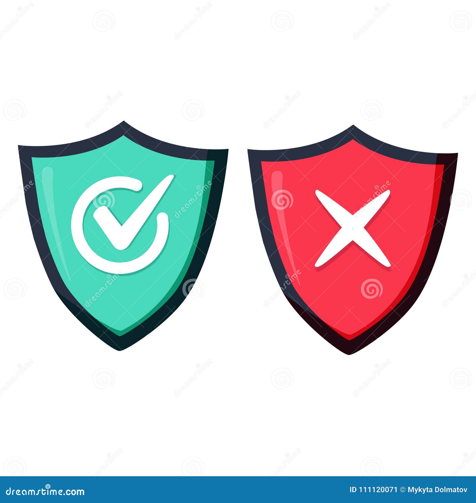 Shields and Check Marks Icons Set. Red and Green Shield with Checkmark ...