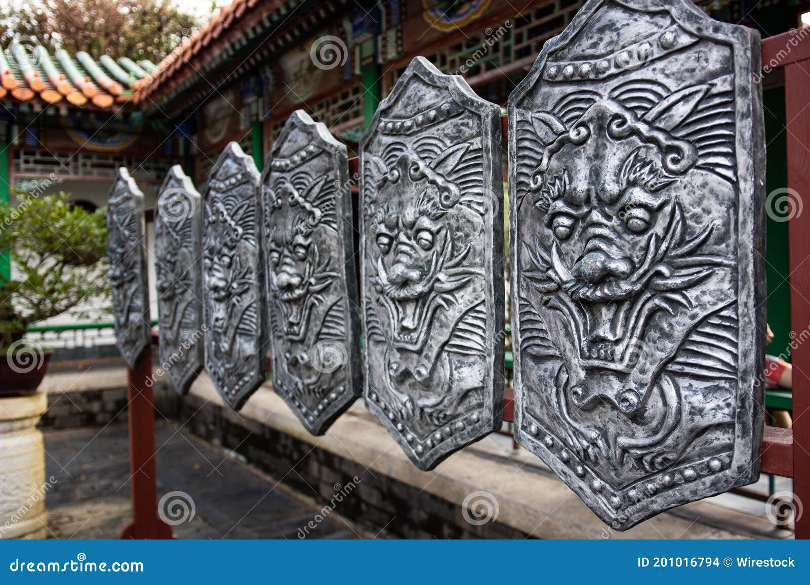 Shields at temple in China stock photo. Image of viking - 201016794