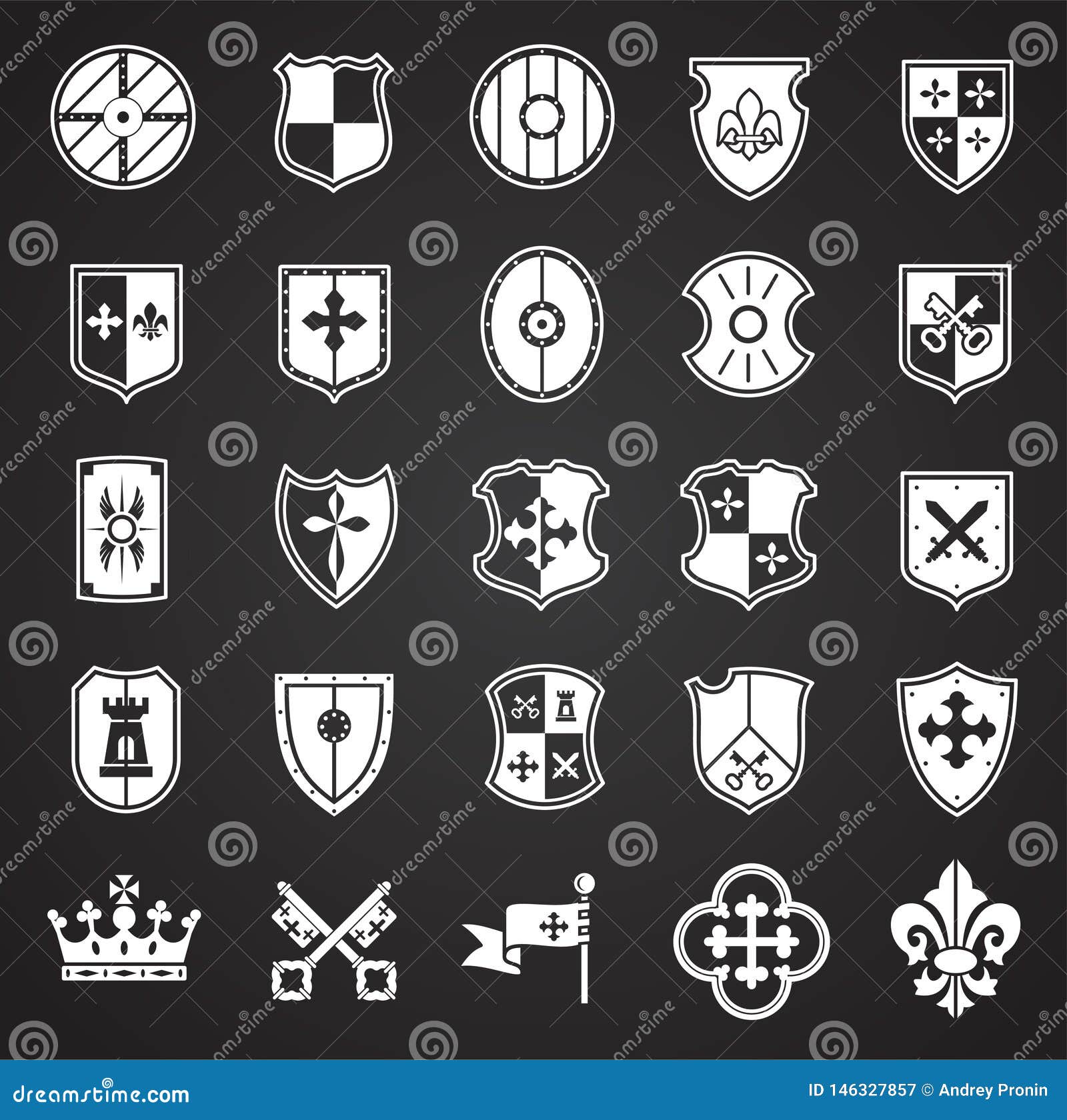 Shields and Heraldry Related Icons Set on Black Background for Graphic ...