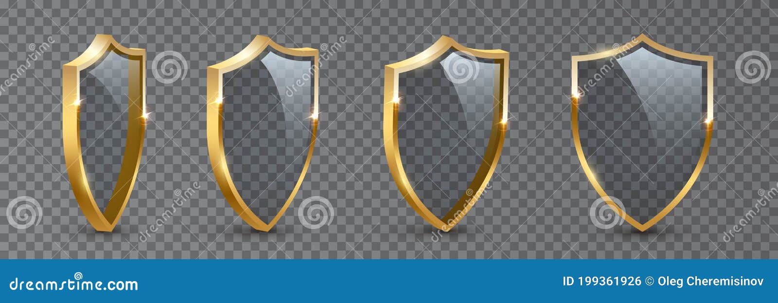 Shields With Reflection In Shiny Gold Frames Set. Collection Of ...