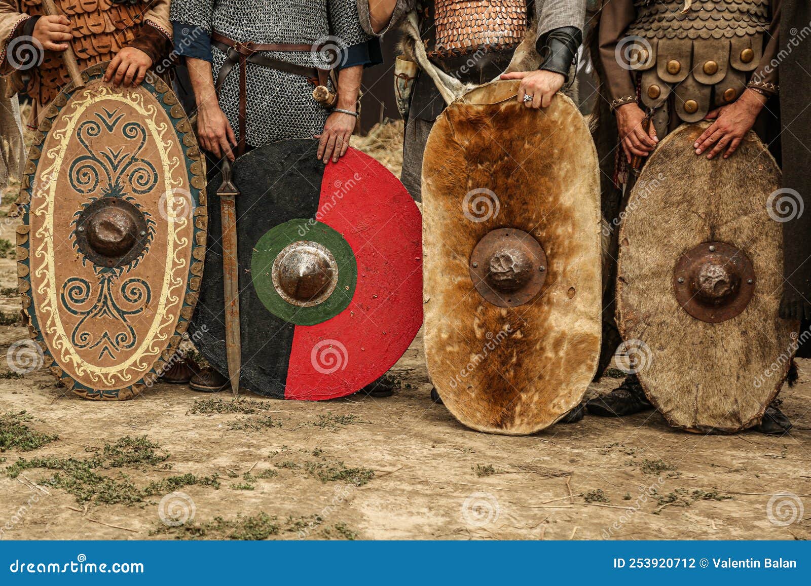 Shields and Weapons of Barbarian Legions. Stock Photo - Image of ...