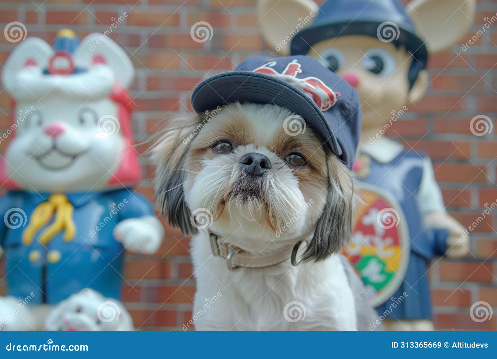 Shih Tzu Wearing a Cap, Front of a School Mascot Statue Stock Image ...