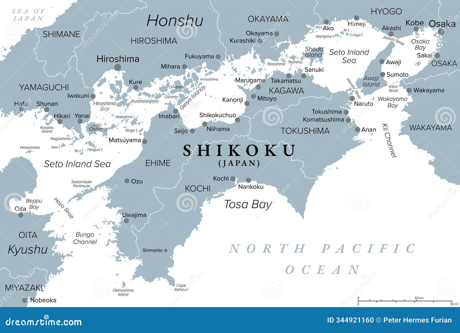 Shikoku Island and Region in Japan with Prefectures, Gray Political Map ...