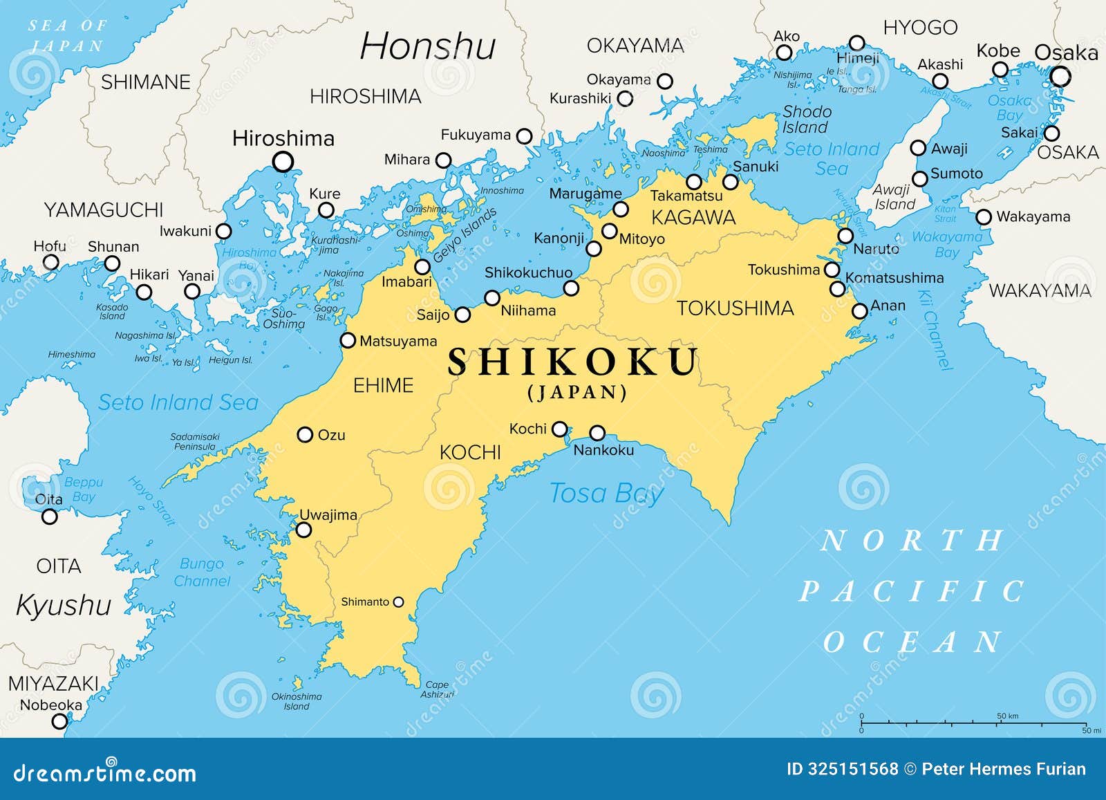 Shikoku Island and Region in Japan with Prefectures, Political Map ...