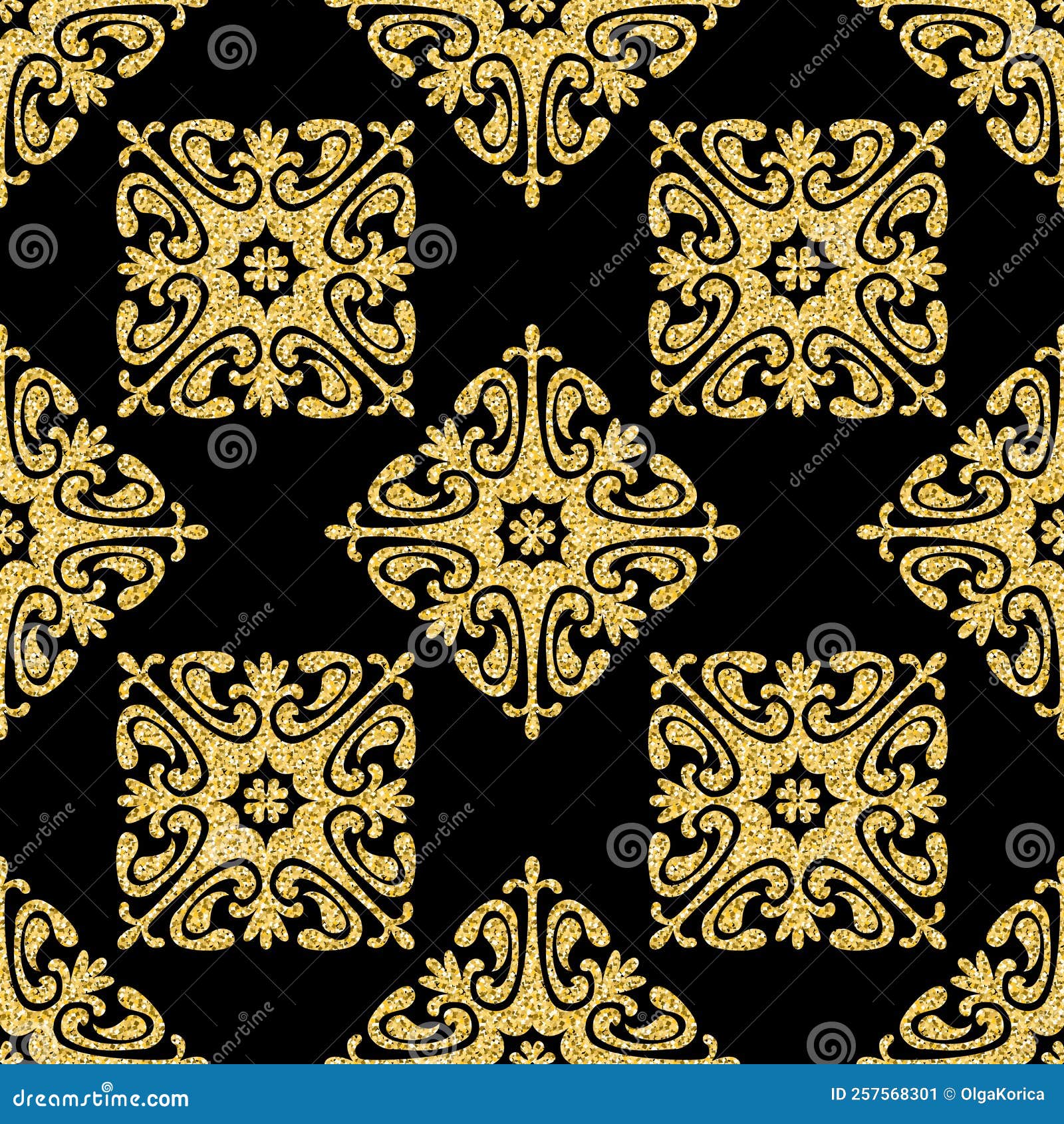Shimmer Gold Seamless Pattern in Arabic Style, Black Gold Arabesque ...