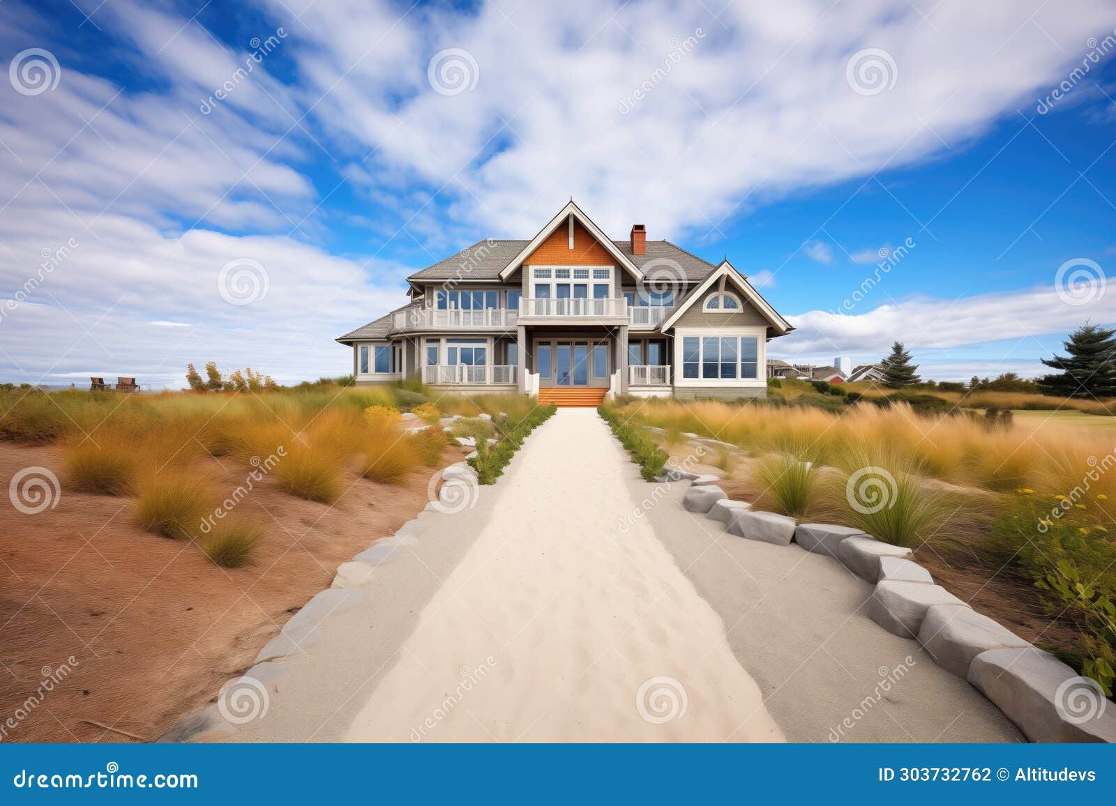 Shingle Style Estate with Private Sand Dune Path Stock Photo - Image of ...