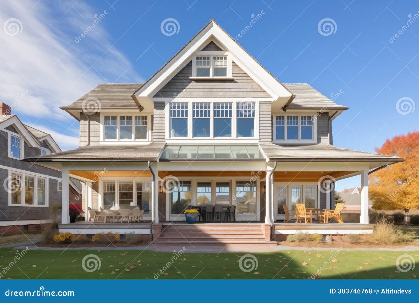 Shingle Style Gambrel House with Wraparound Windows Stock Photo - Image ...
