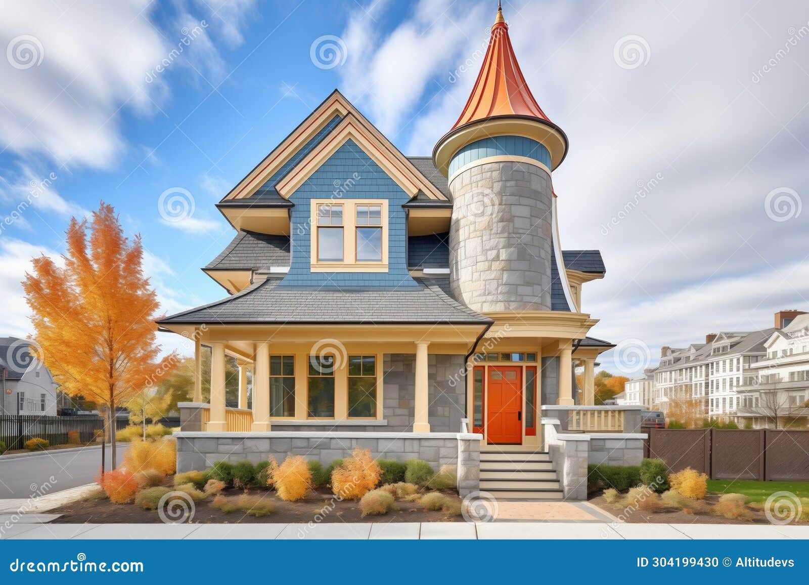 Shingle Style Home with Stone Facade and Turret Feature Stock Photo ...