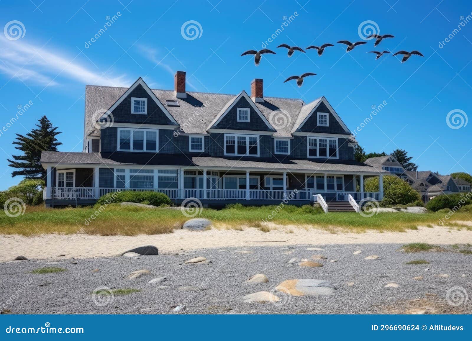 A Shingle-style House on a Beach with Seagulls Flying Overhead Stock ...