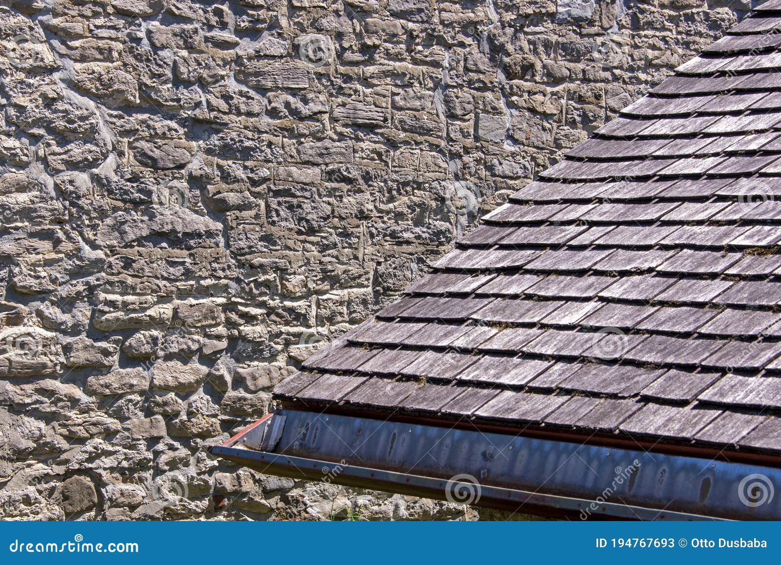 Shingled Roof and Stone Wall Stock Image - Image of texture, exterior ...