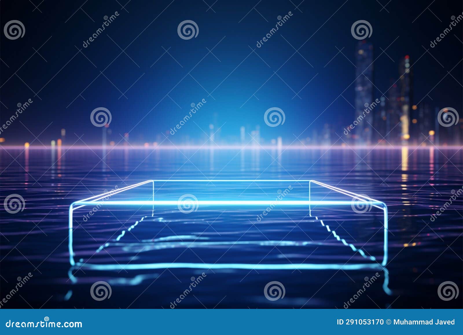 Shining Blue Neon Square 3D Render on Reflective Water Surface Stock ...