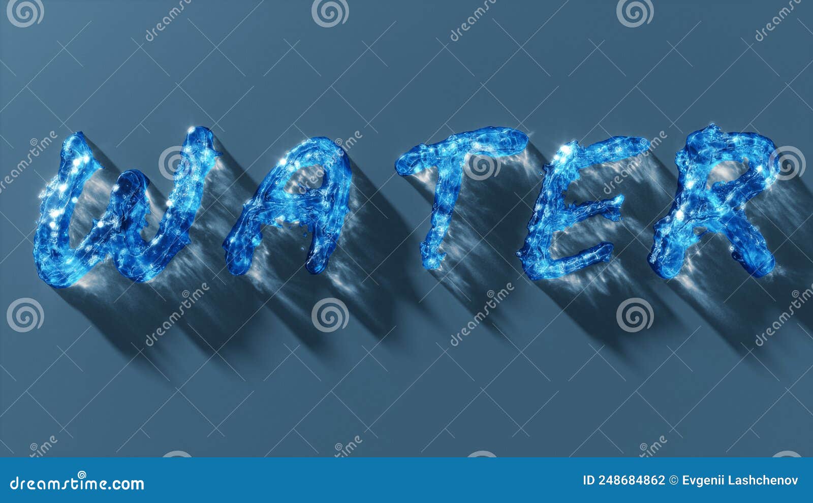 Shining Bright Blue Word Water from a Liquid Substance on a Gray-blue ...