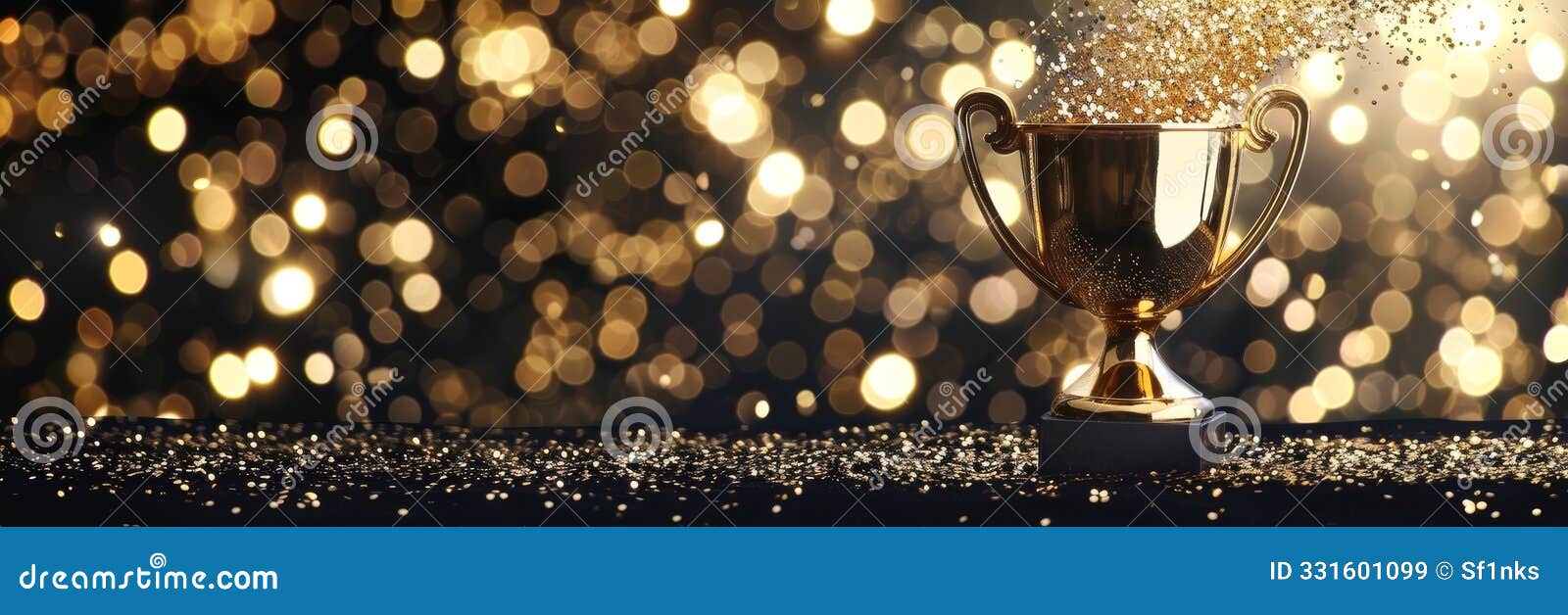 Shining Gold Trophy on Reflective Surface with Glittering Golden ...