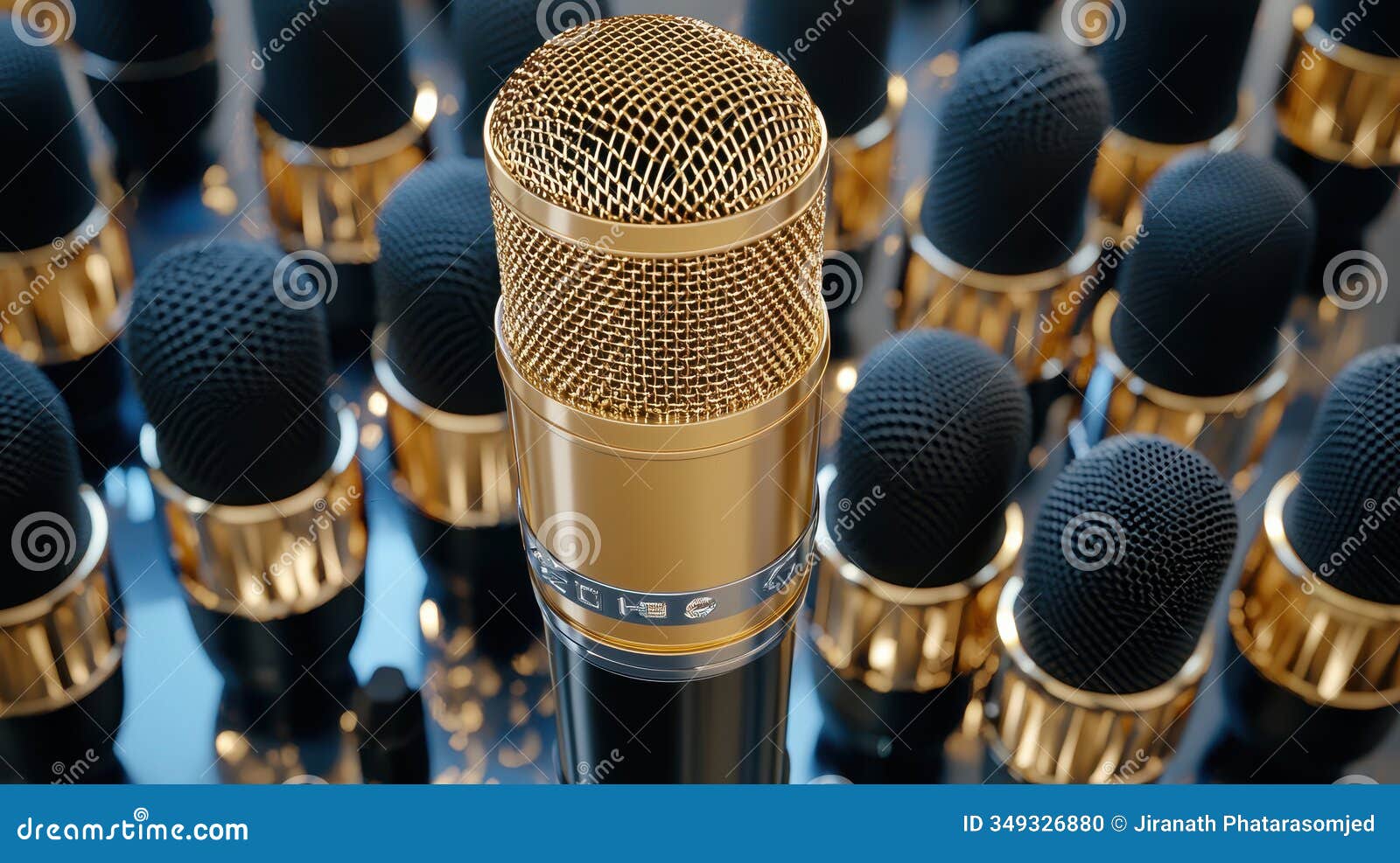 Shining Golden Microphone Stands Out among Many Black Microphones ...