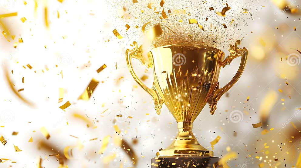 Shining Golden Trophy with Falling Gold Confetti on White Background ...
