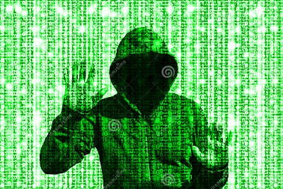 Shining Green Hacker Behind Computer Code Matrix Stock Photo - Image of ...