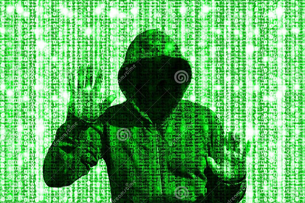 Shining Green Hacker Behind Computer Code Matrix Stock Photo - Image of ...