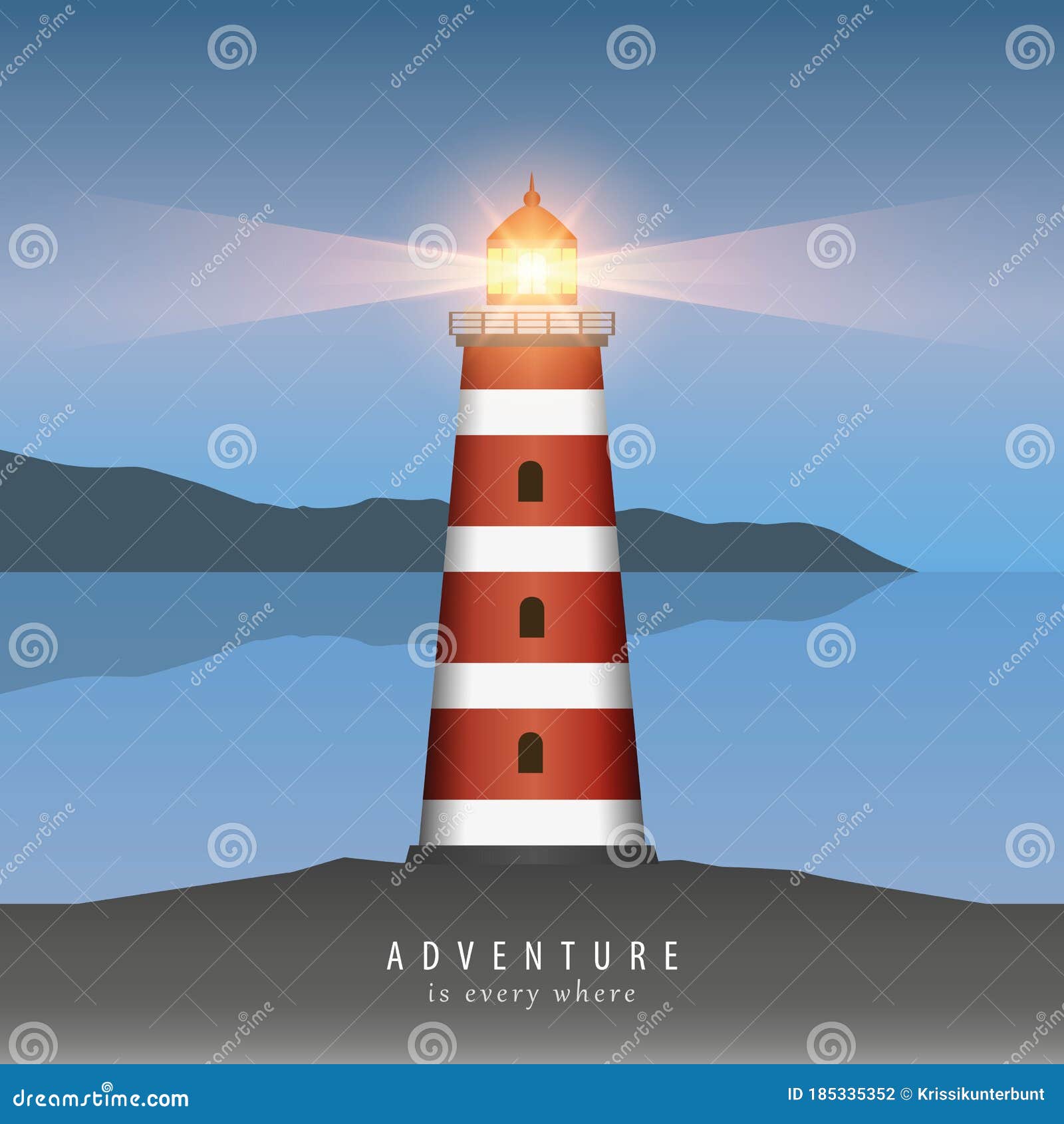 Shining Lighthouse Outline Vector Illustration. Blue Linear Seascape ...