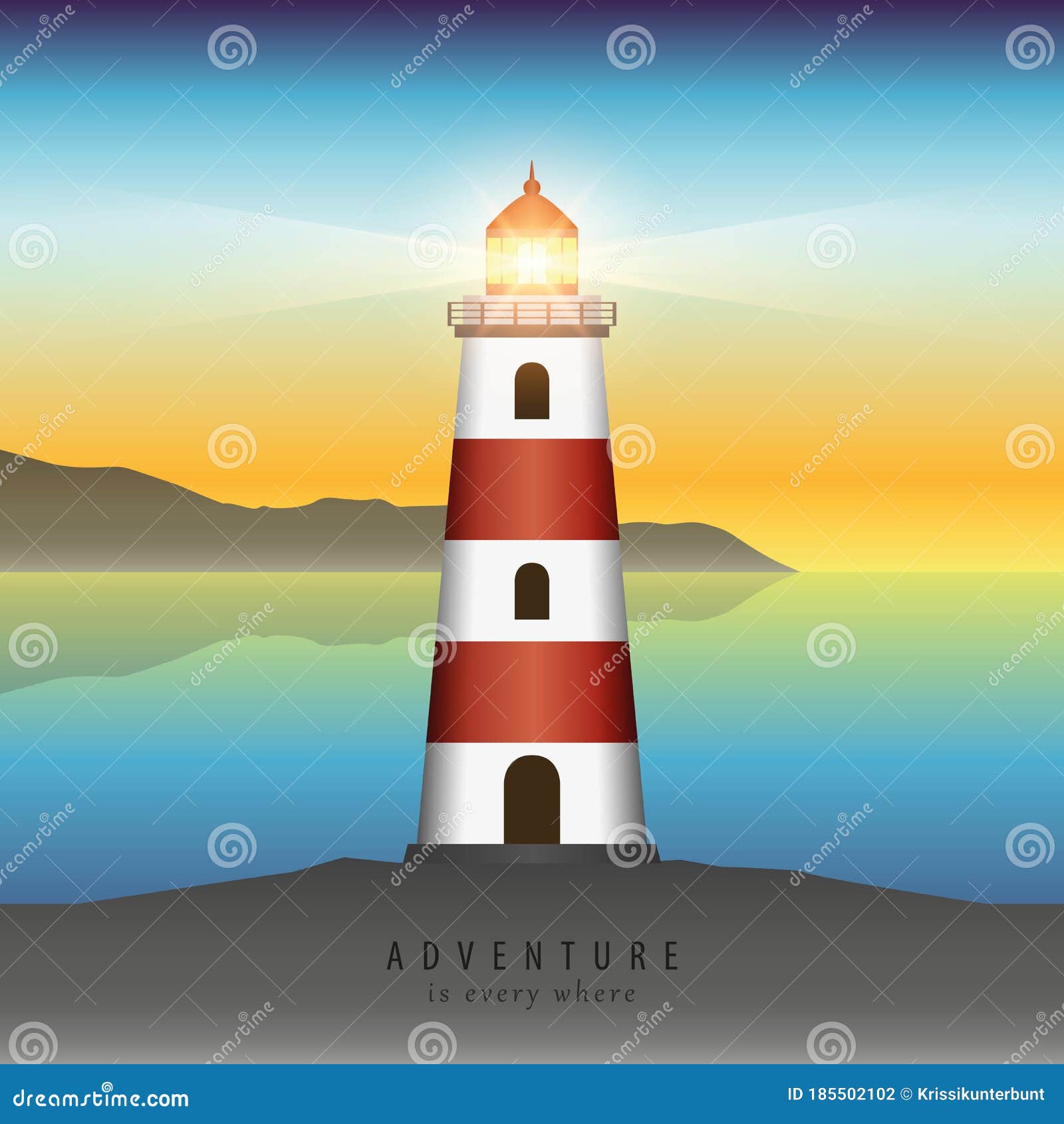 Shining Lighthouse Outline Vector Illustration. Blue Linear Seascape ...