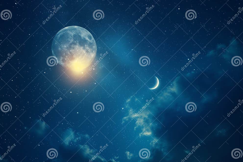 Shining Moon on a Starry Night. Moon in Front of Galactic Nebula, Solar ...