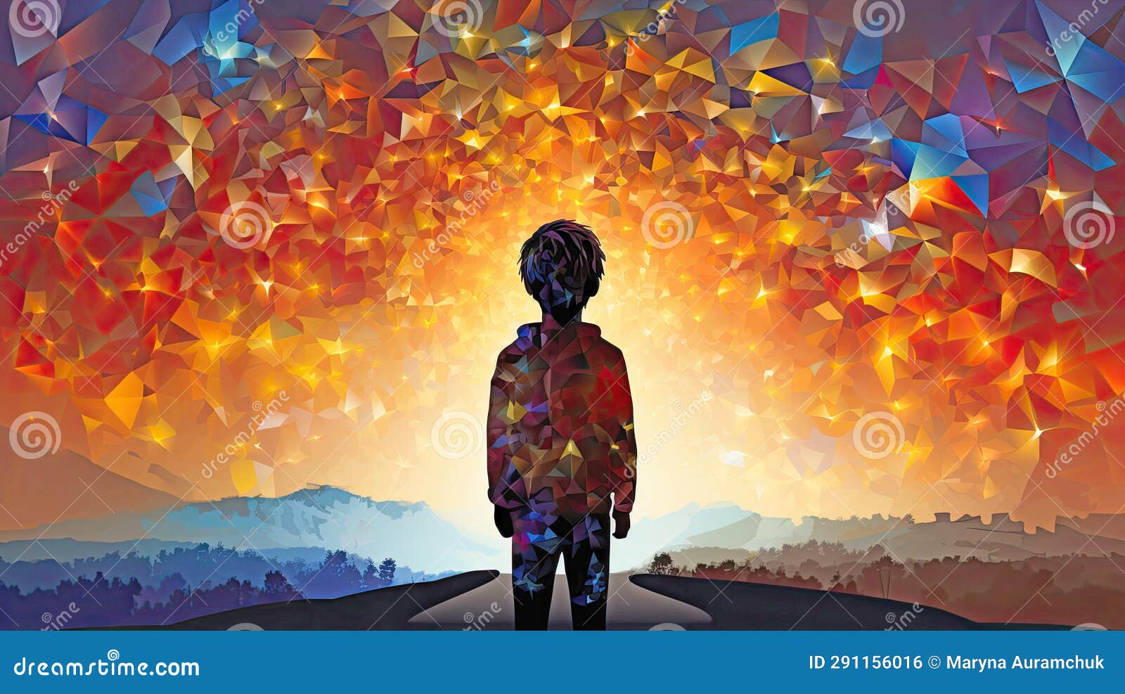 A Shining Multicolored Sky at Dawn in Front of a Boy Suffering from ...